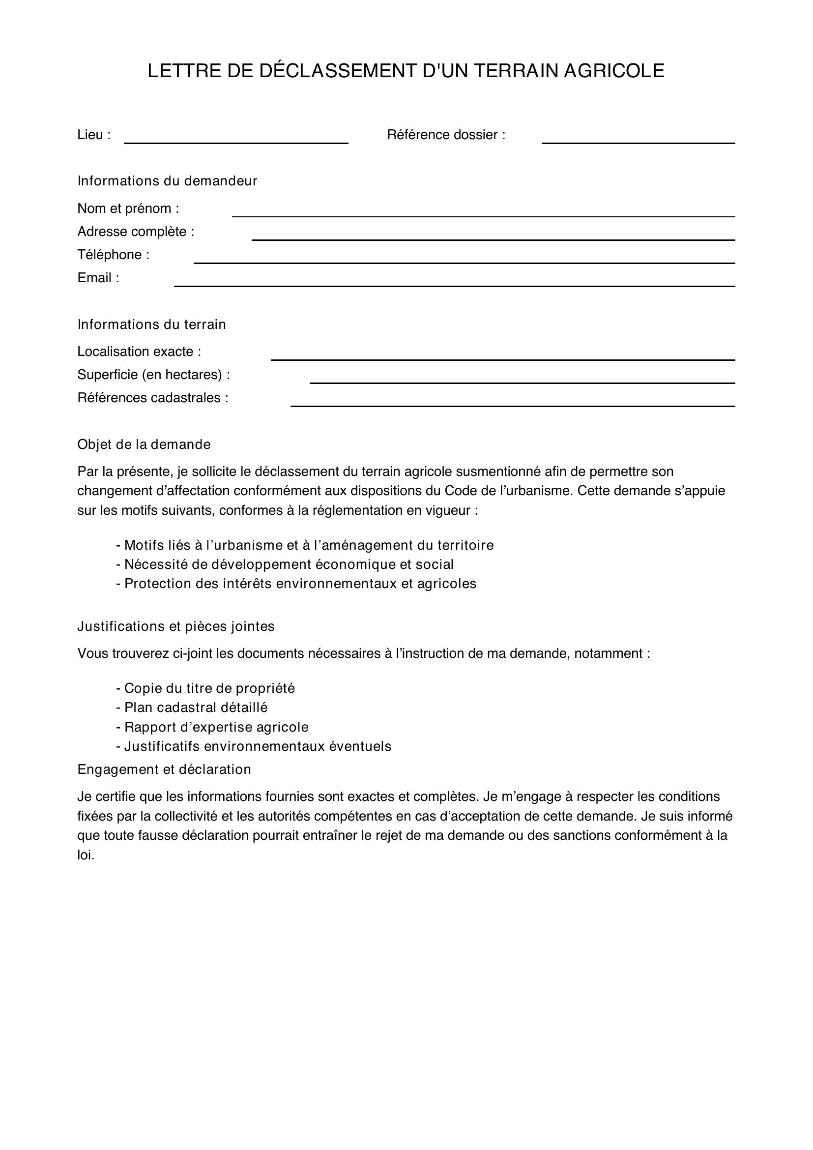 Demande Modèle De Lettre De Déclassement D'Un Terrain Agricole