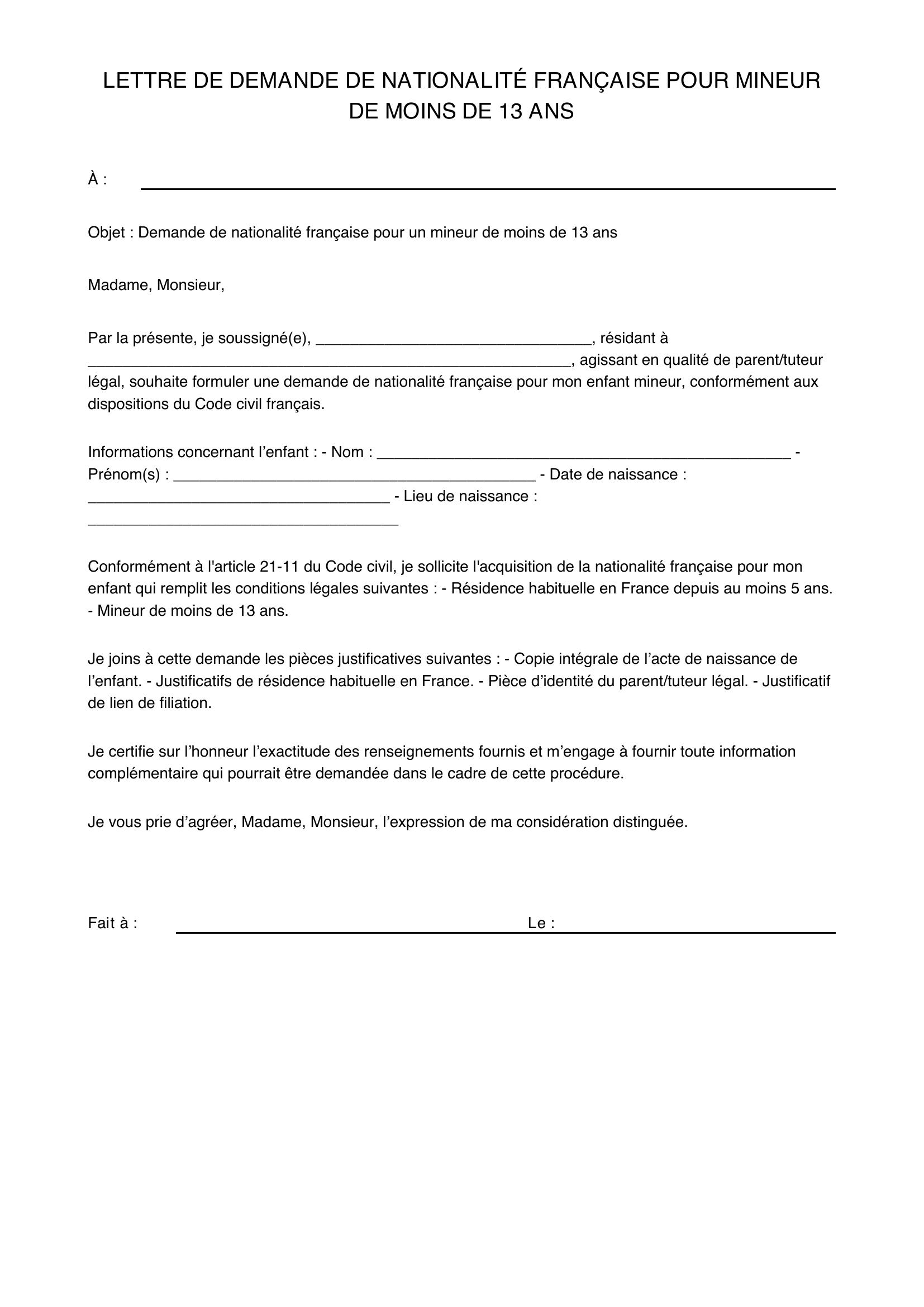 Modèle Lettre Demande De Nationalité Française Pour Mineur De 13 Ans