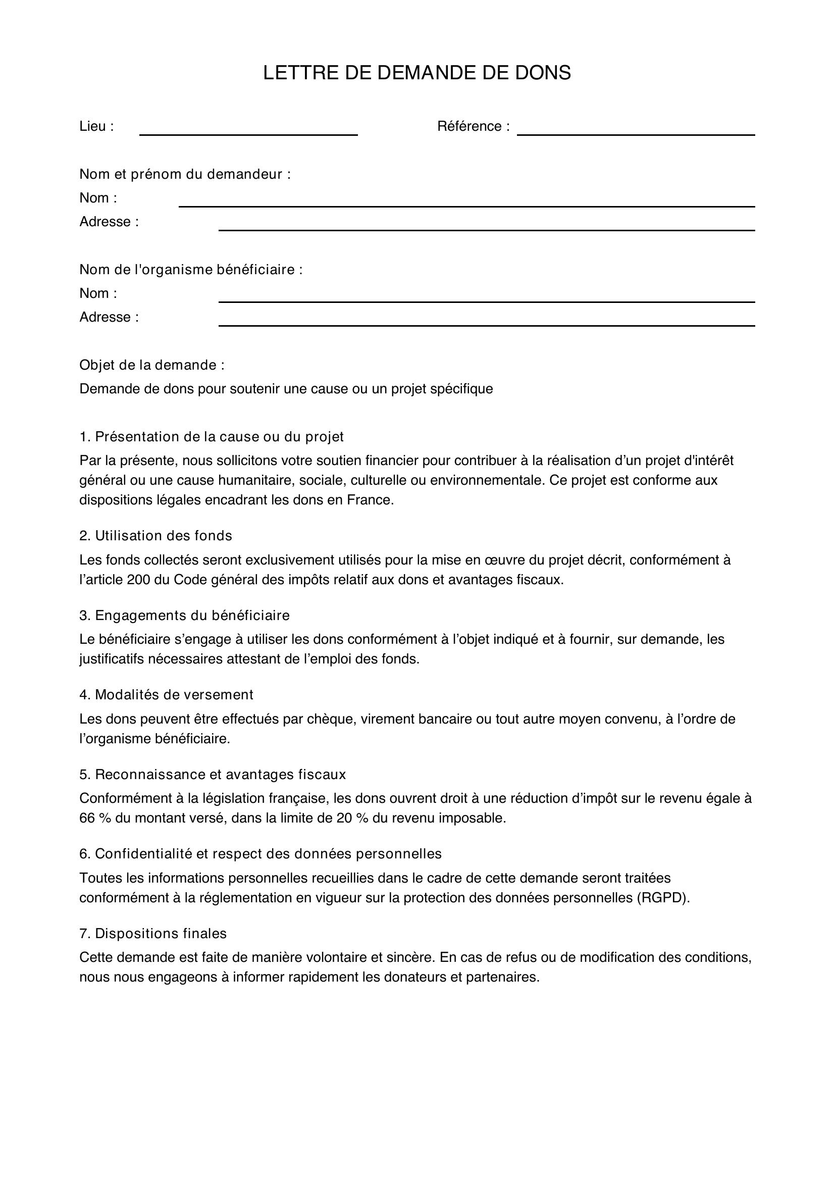 Modèle De Lettre Pour Demande De Dons
