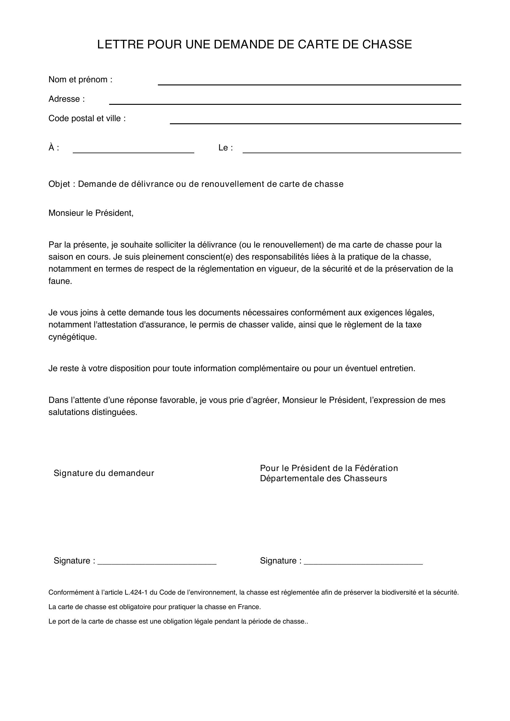 Exemple De Lettre Pour Une Demande De Carte De Chasse